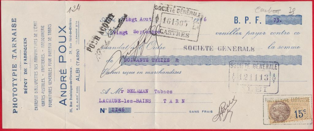 Reçu - Phototypie Tarnaise - André POUX - Albi - FDCollector