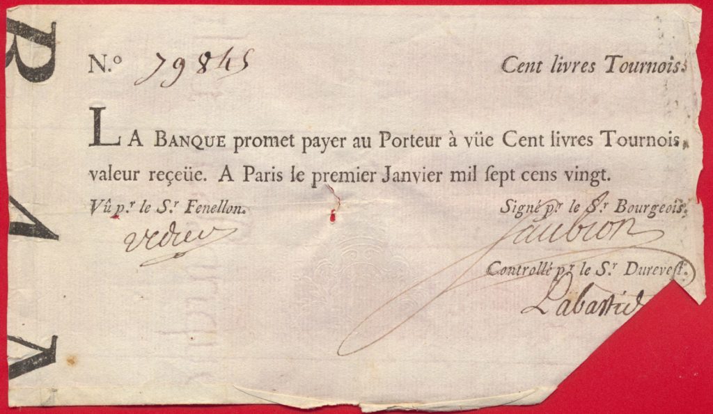 850,00€ : Banque de Law - 100 Livres Tournois - 1720 - FDCollector